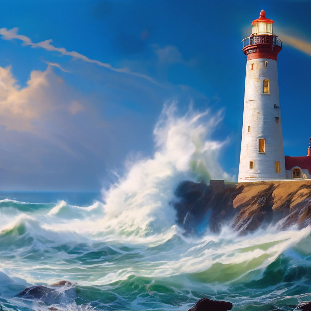 "A lighthouse on the shore of a raging ocean, a clear sky, blue ...