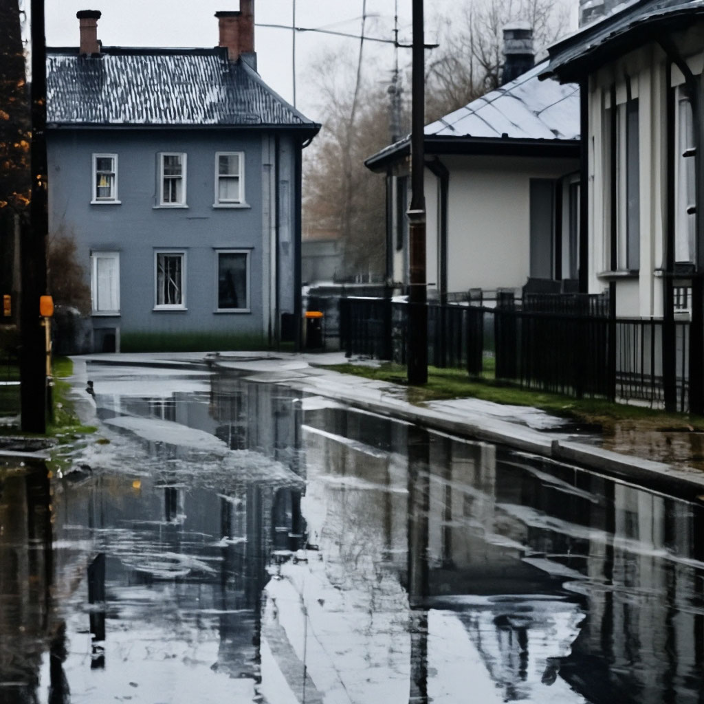 "Dreary weather, gray streets, puddles, gray houses, rain, realistic ...