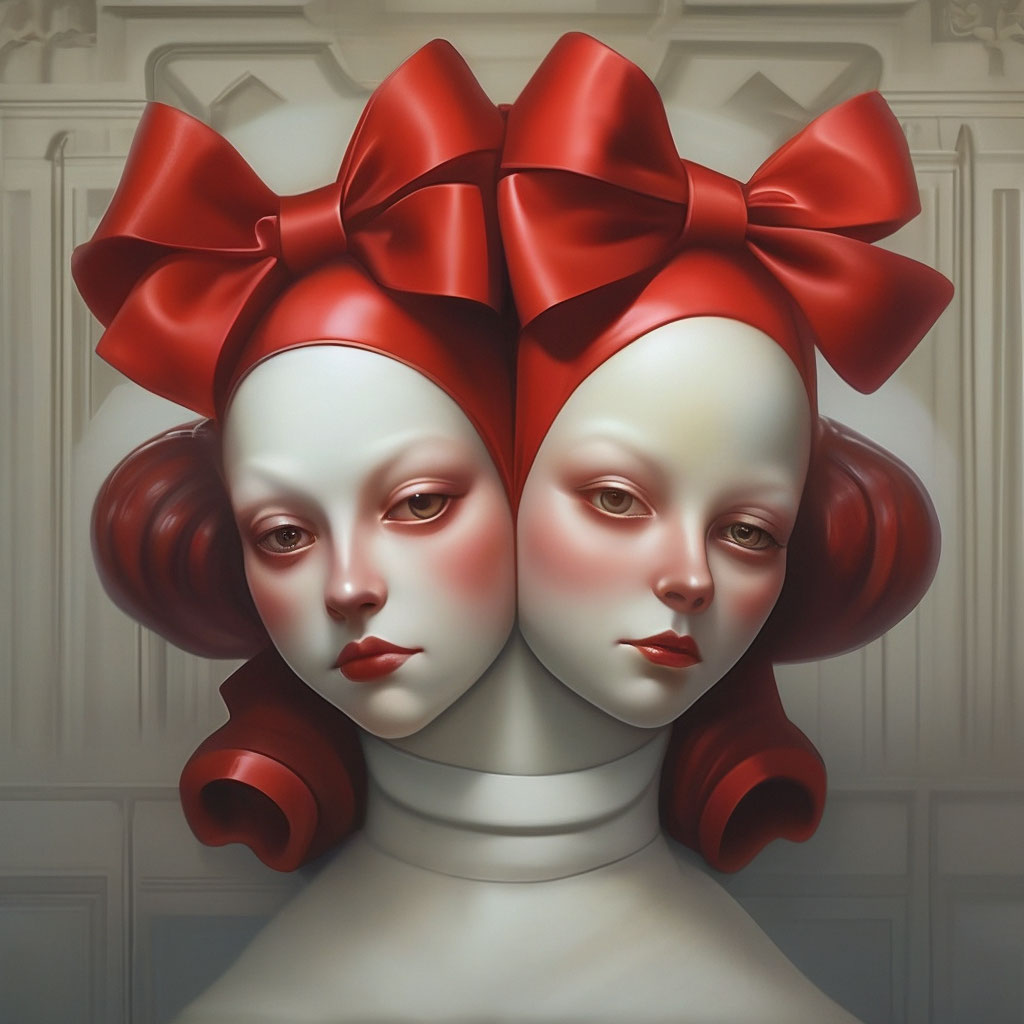 "Realistic illustration, two faces on one head, red bow, grotesque ...