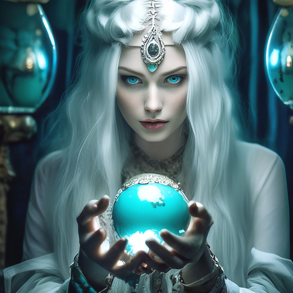 "Esoteric woman, long white hair in a complicated hairstyle, pale skin ...