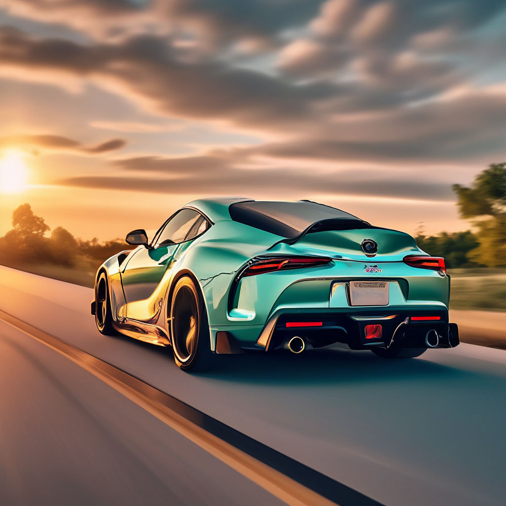 "Mint-colored Toyota Supra rides off into the sunset, rear view ...