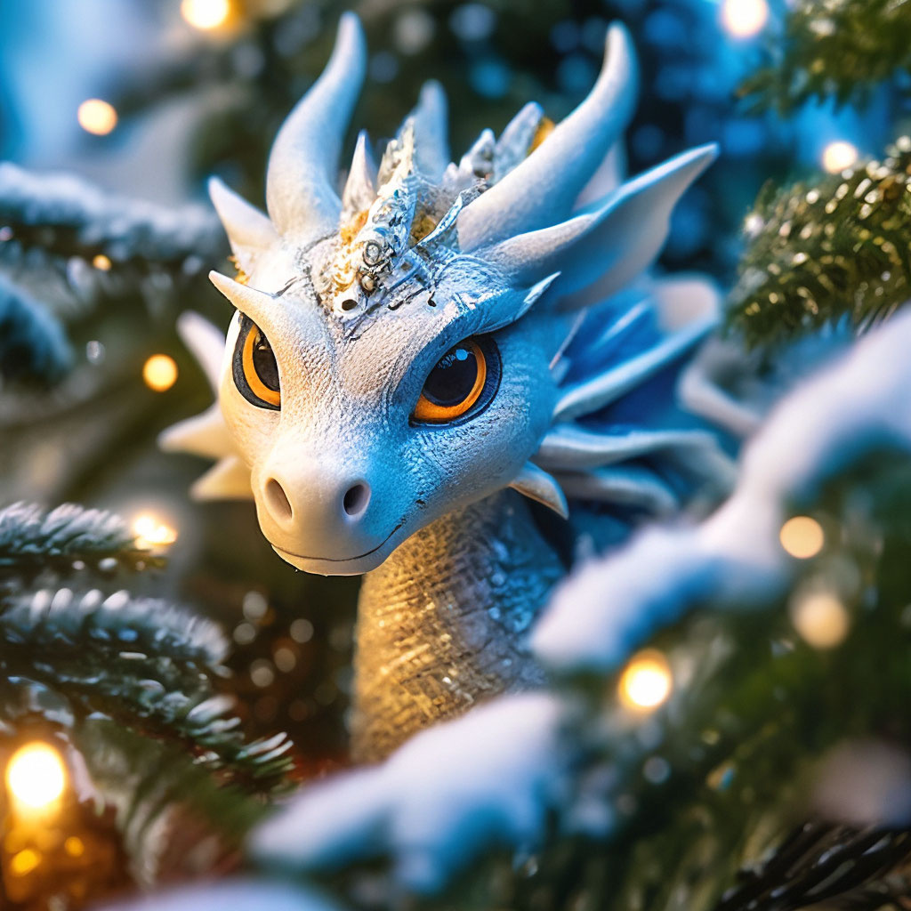 "Cute dragon symbol of the year peeks out from under the branches of a ...