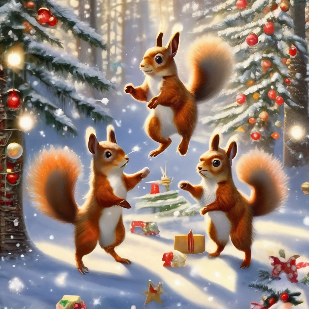 "New Year's Eve 3 squirrels jumping in the New Year's forest among ...