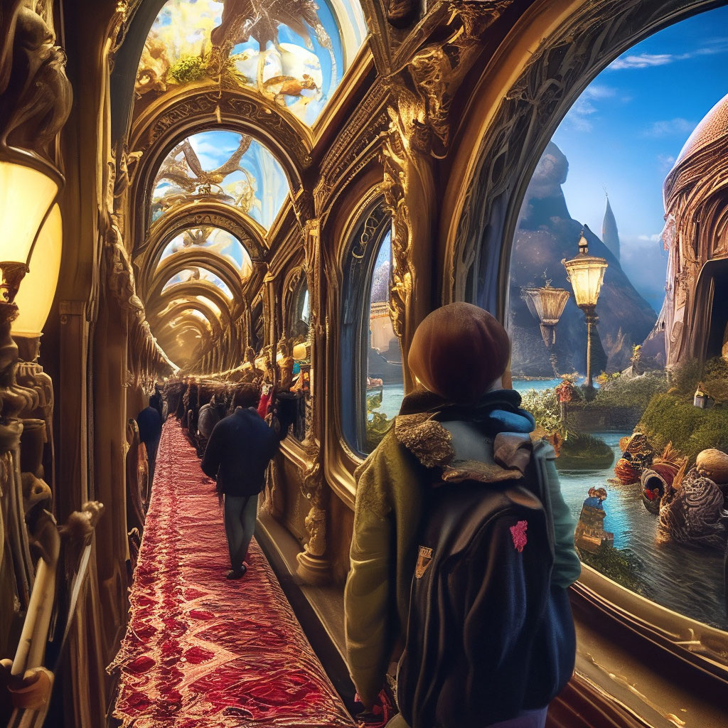 "Tourist through the looking glass, ultra-realistic, fantasy, beautiful ...