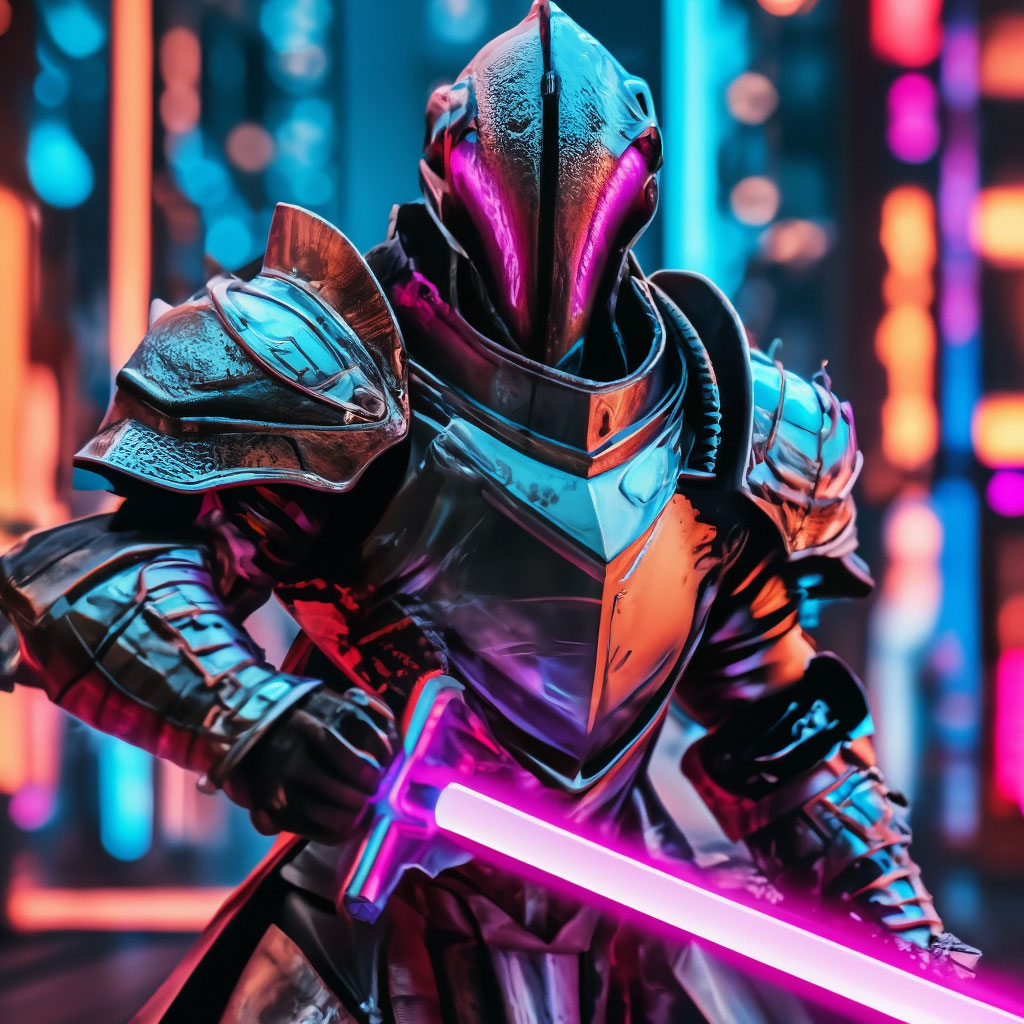 "A big knight in a neon battle with a sword in the world of hyperpunk ...