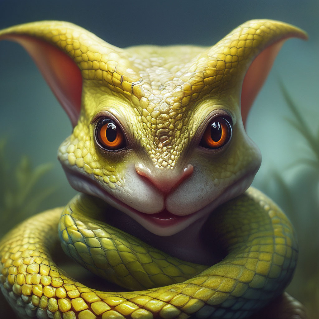 "Funny portrait, snake skin, toad eyes, cat ears, boar nose, wasp ...