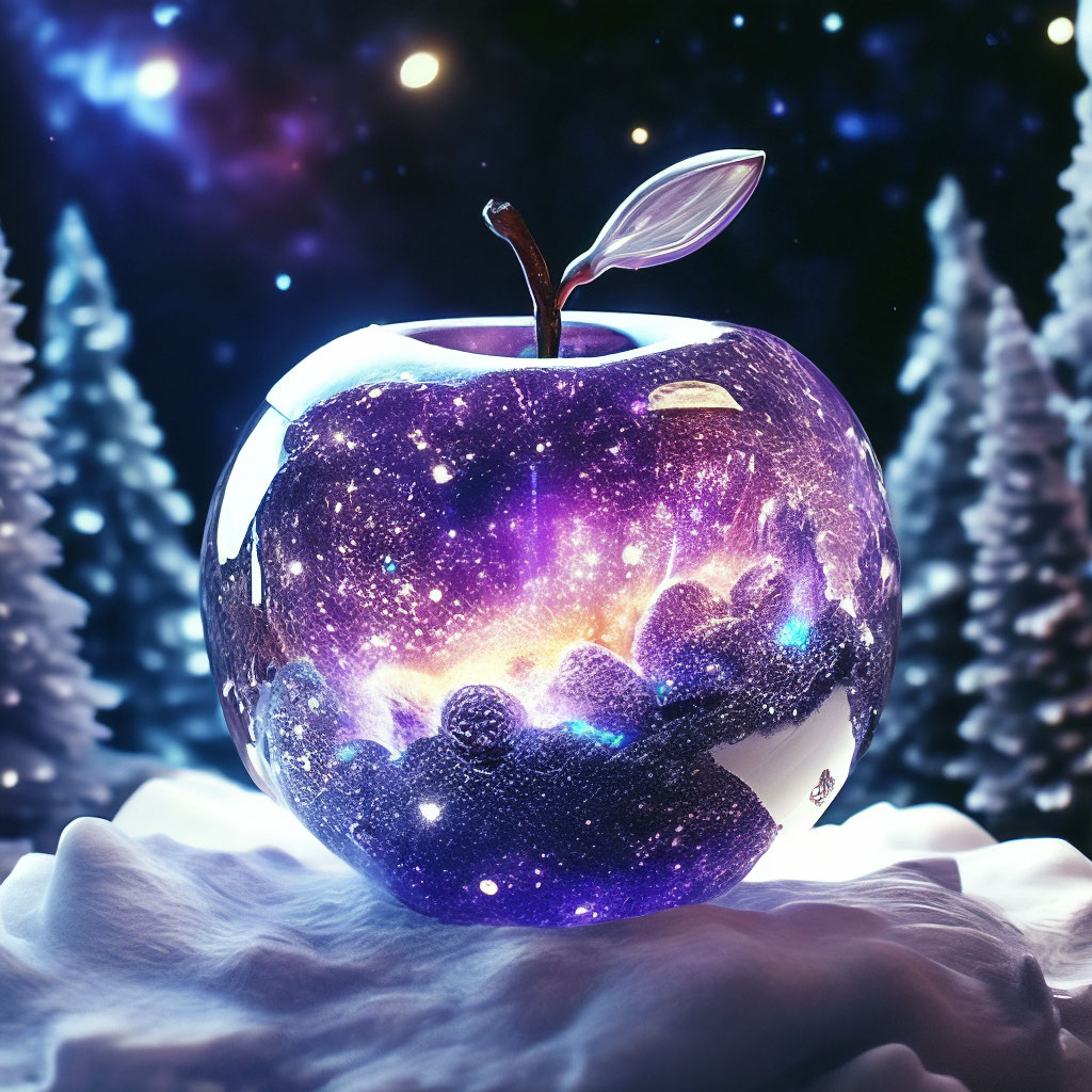"Epic crystal apple with space glowing inside, stars, galaxies, winter ...
