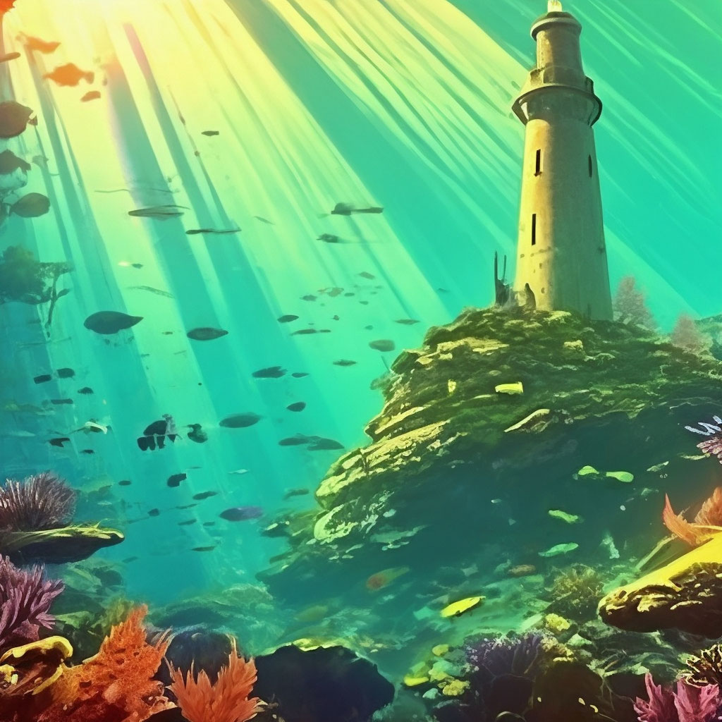 "Underwater landscape, deep at the bottom, a drowned lighthouse, on a ...