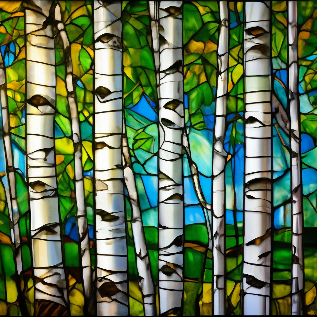 "Stained glass Russia, birches, iridescence, stained glass, high detail ...