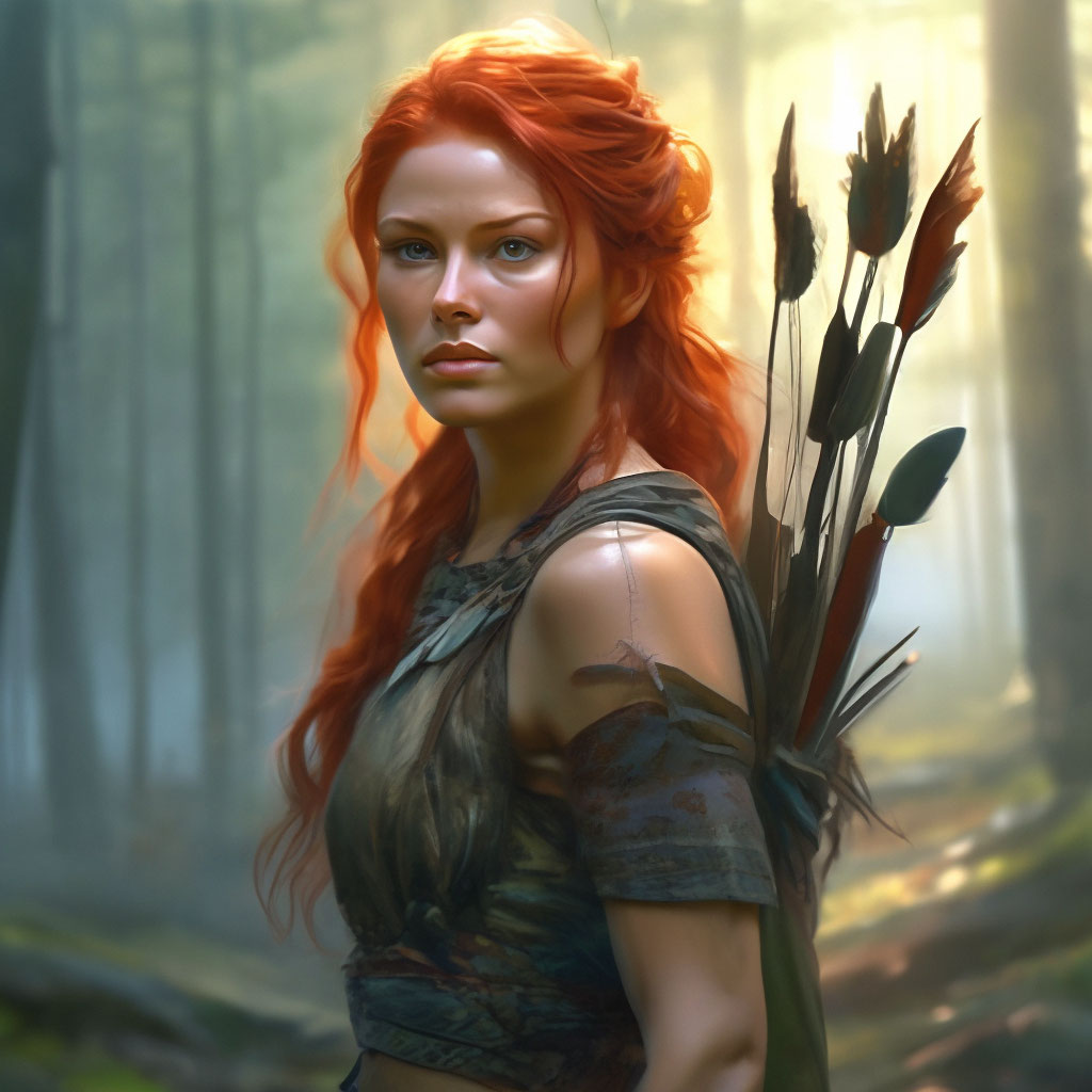 "Red-haired huntress with a bow, forest, bright stones, fog, high ...