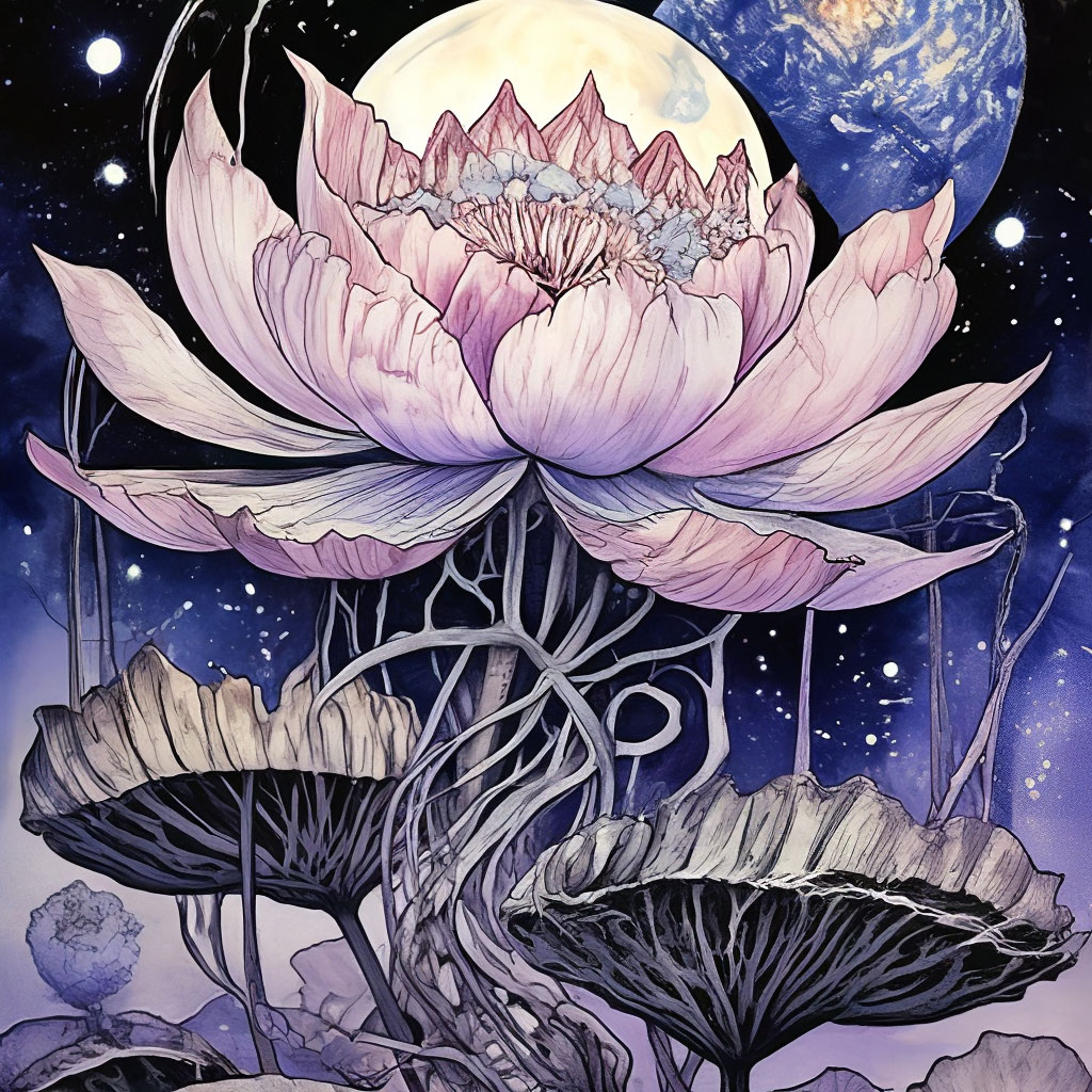 "Horror, fabulous, epic, full moon, lotus, plant world, engraving ...