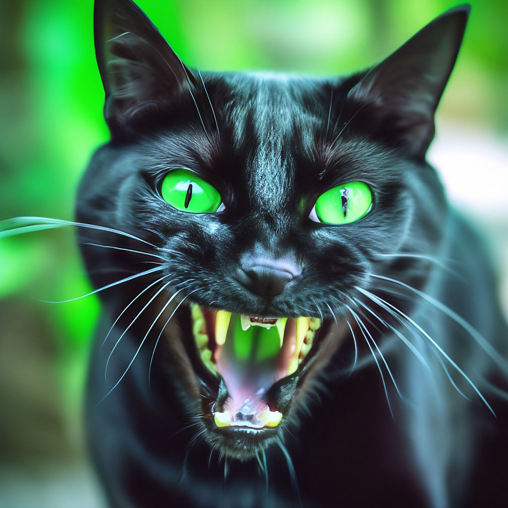 "Video black cat baring its fangs with bright green eyes" — image ...