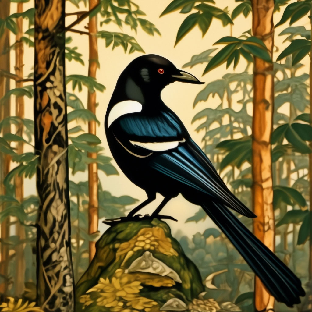 "🪶 Magpie in the fairy forest, marquetry, multicolor, Bilibin illustrations" — image created in ...