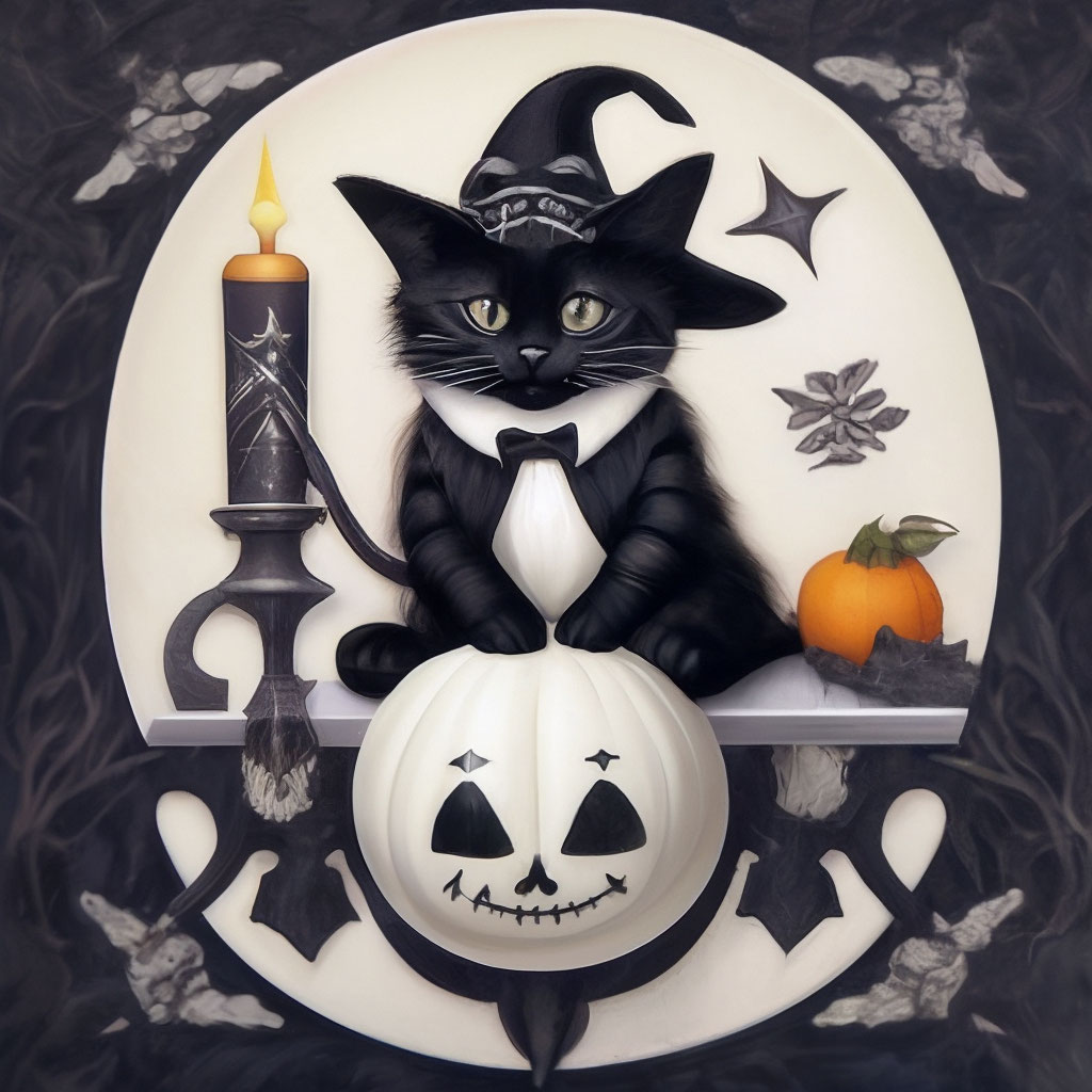 "A black witch cat in a white swimsuit with witch paraphernalia ...