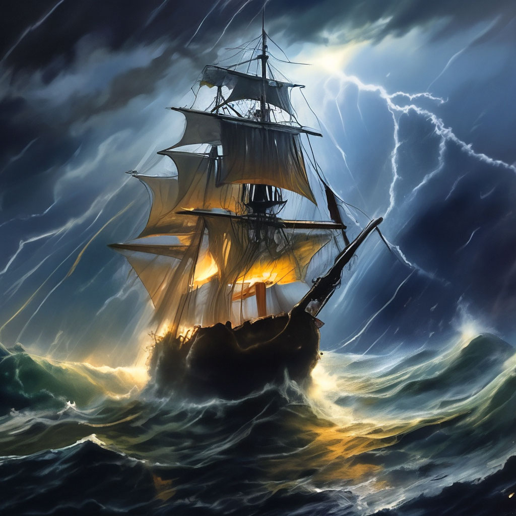 "Night storm, darkness, lightning, ship, sailboat, frigate, raging sea ...