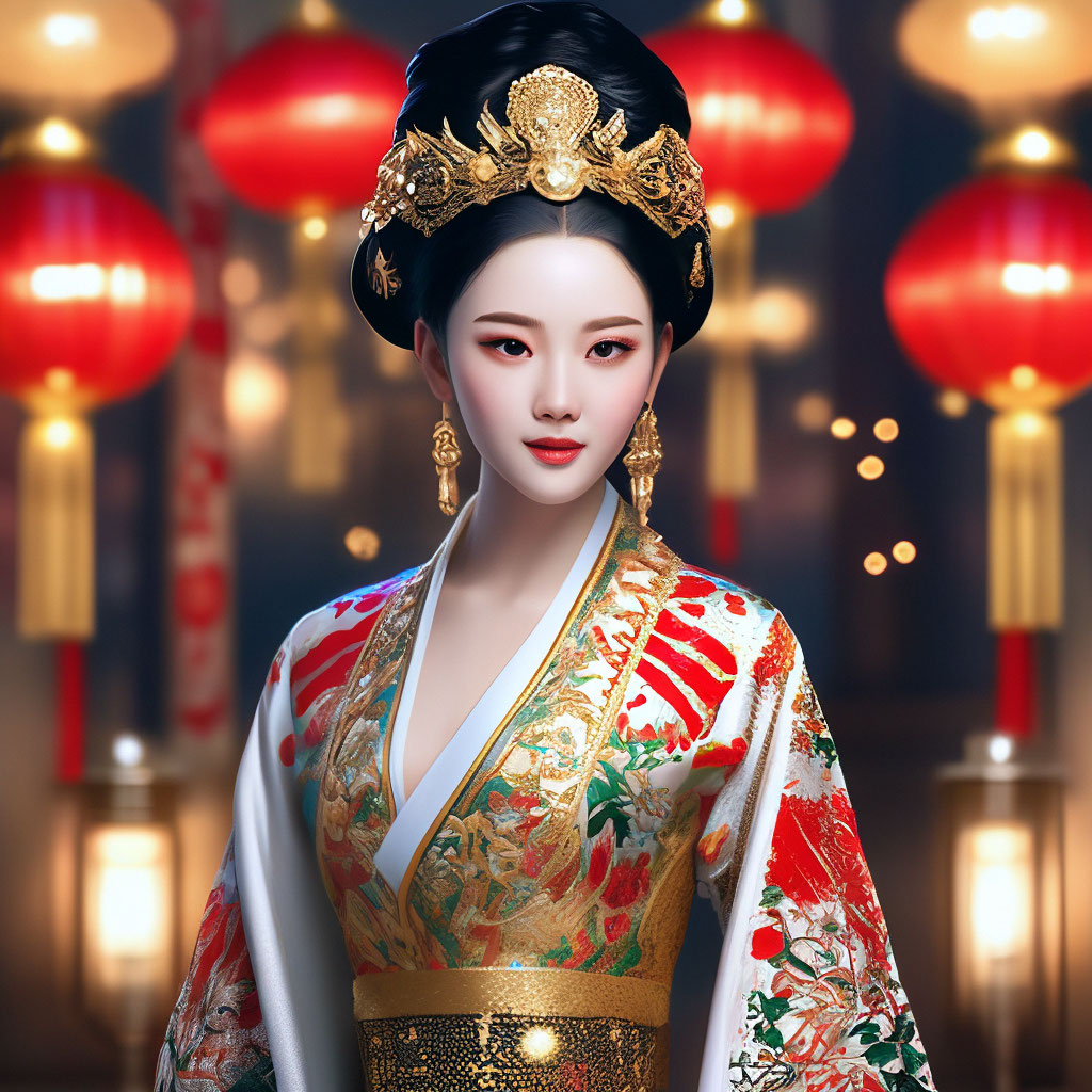 "Chinese princess beauty in national kimono gold jewelry embroidery ...