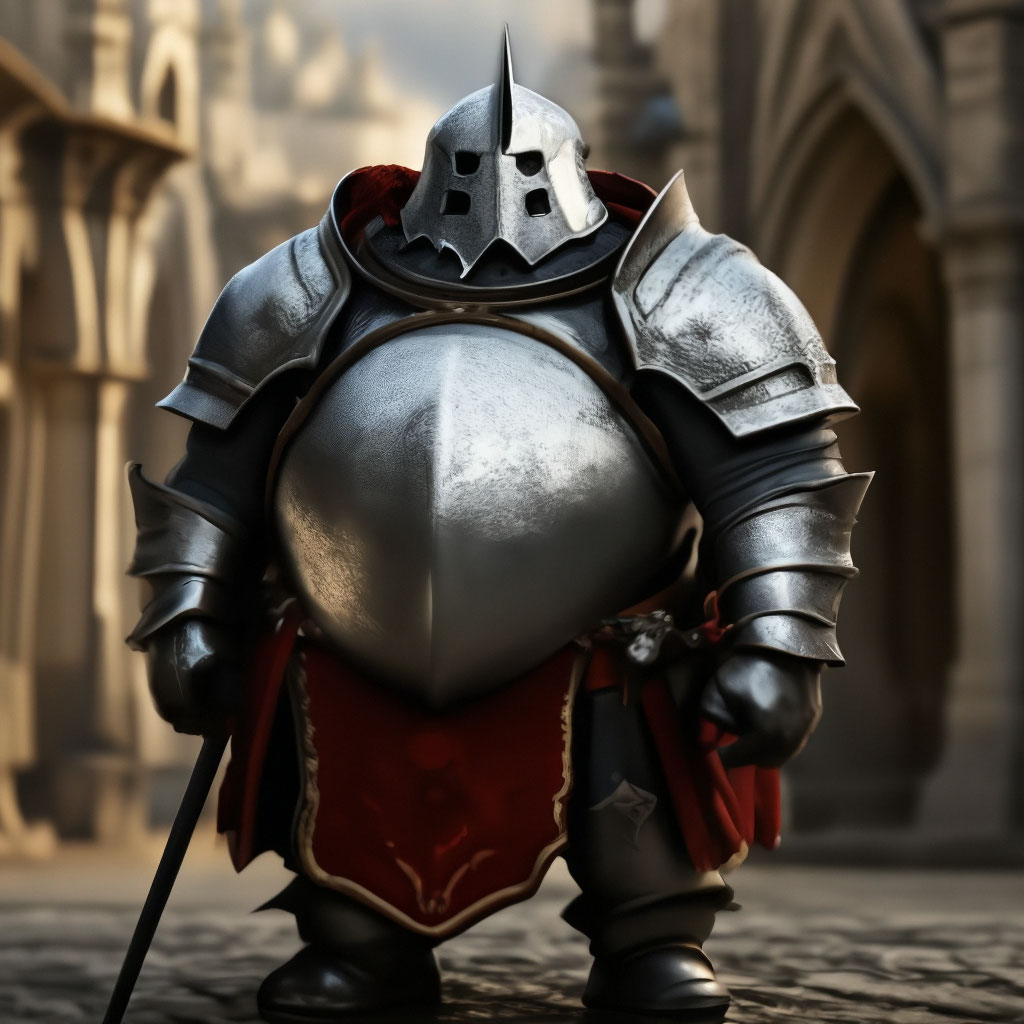 "The glutton knight is fat, round as a ball, plump, armor, on a thick ...