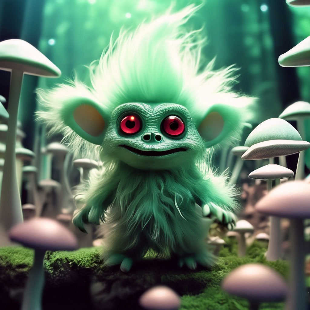 "Anthropomorphic, funny fluffy mint troll with huge eyes,a lot of fly ...