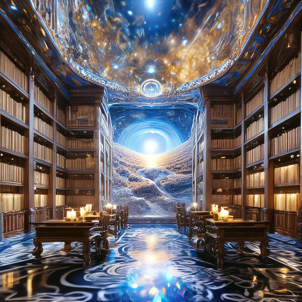 "Heavenly library in dali style , glitter surrealism,professional photo ...