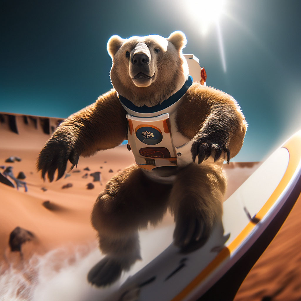 "Bear surfer on mars, bright lighting, realistic, close-up" — image ...