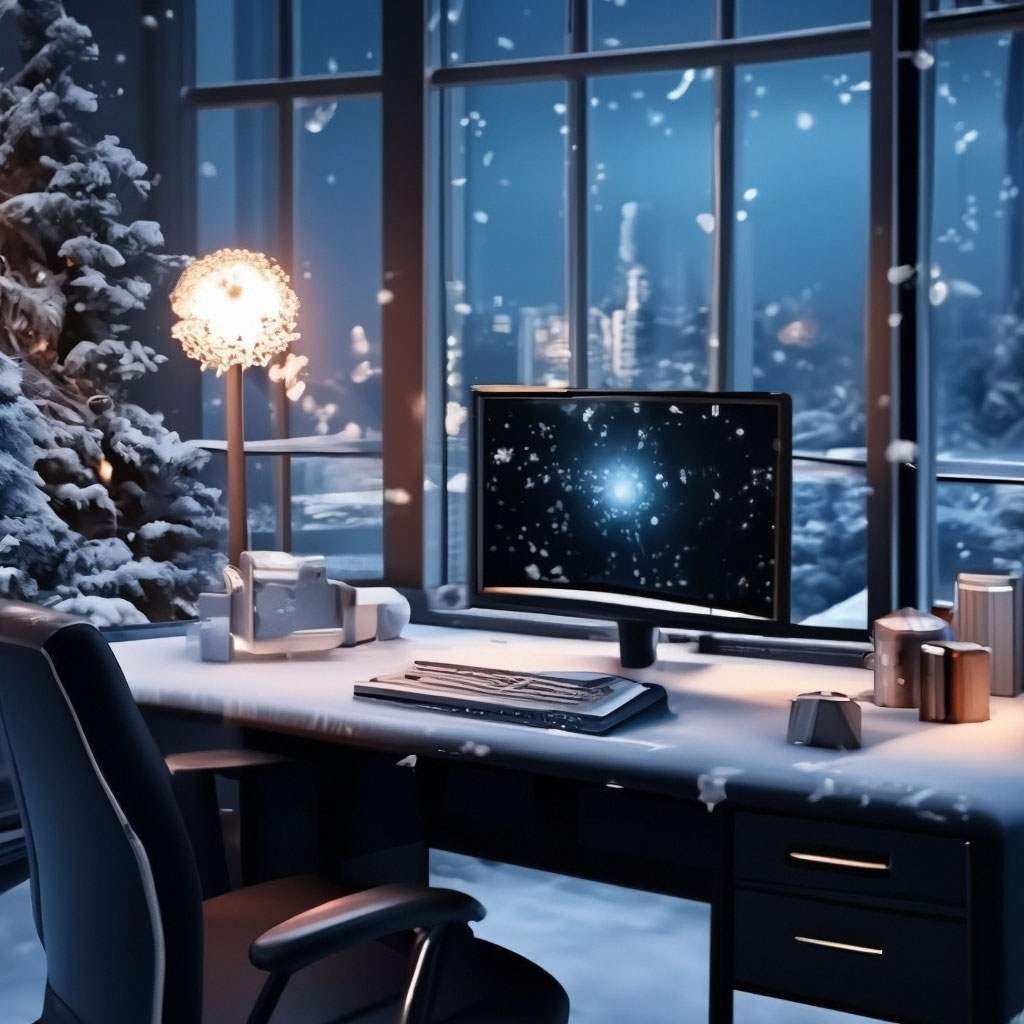"Office desk in the snow, snowdrift on the monitor, empty modern office ...