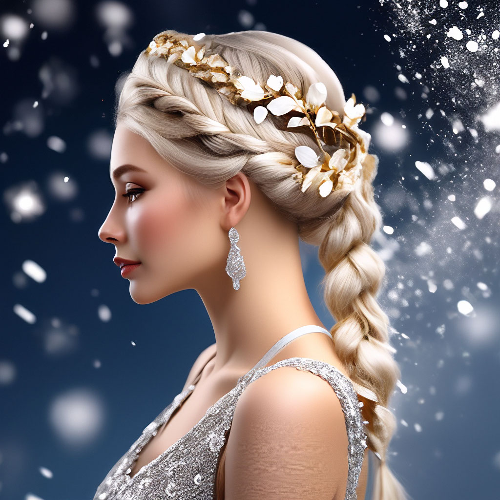 "Blonde snow maiden with a chic braid, snowflakes,embroidery,golden ...