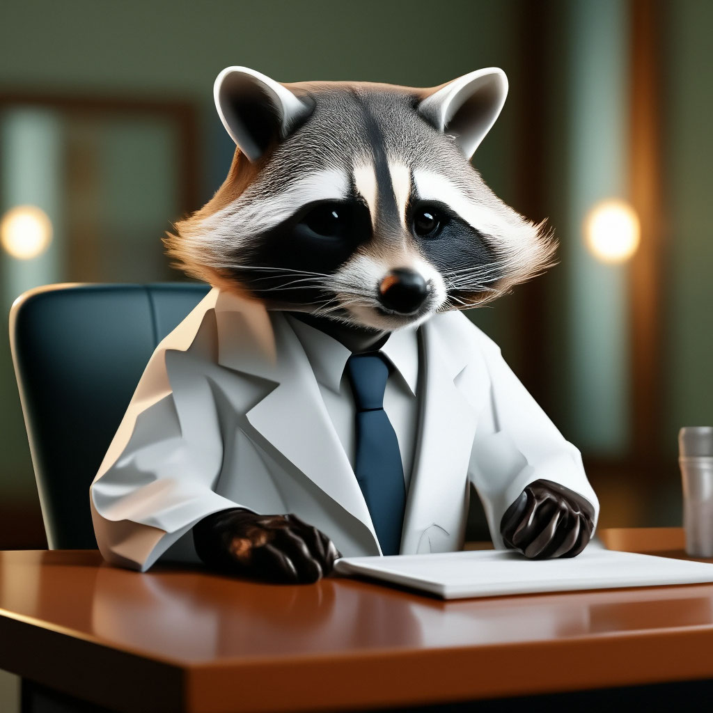 "Raccoon white coat work hospital boss sitting at the table" — image ...