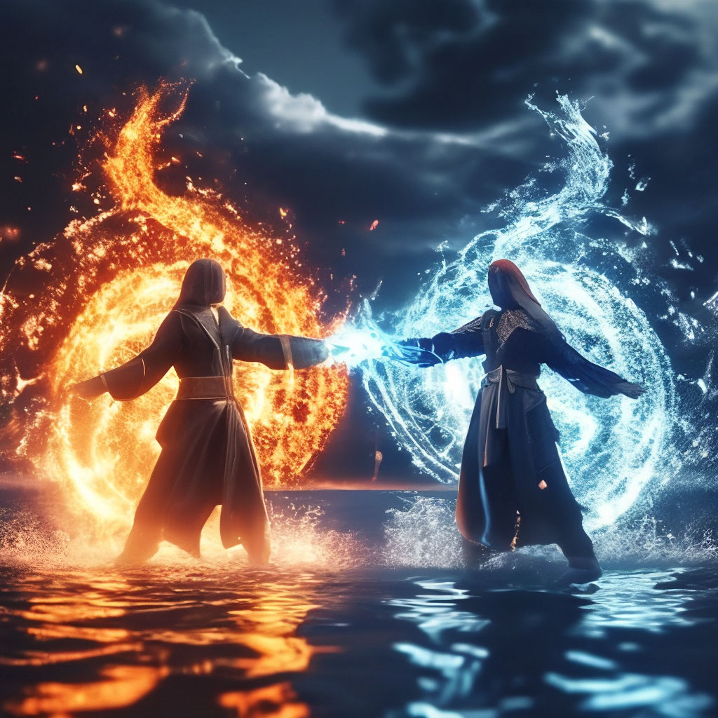 "Water mage vs fire mage ,two strong elements, realistic gipper ...