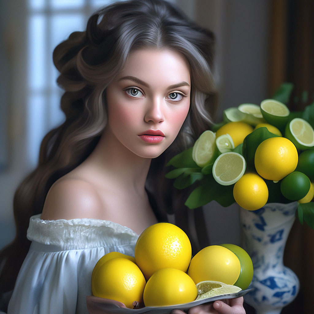 "A delicate beautiful girl with a complicated hairstyle, lemons in her ...
