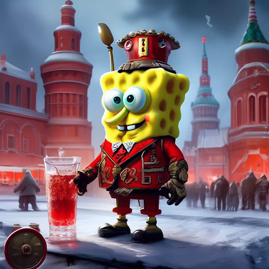 "Russian SpongeBob is standing in red square and drinking kanyak" — image created in Shedevrum