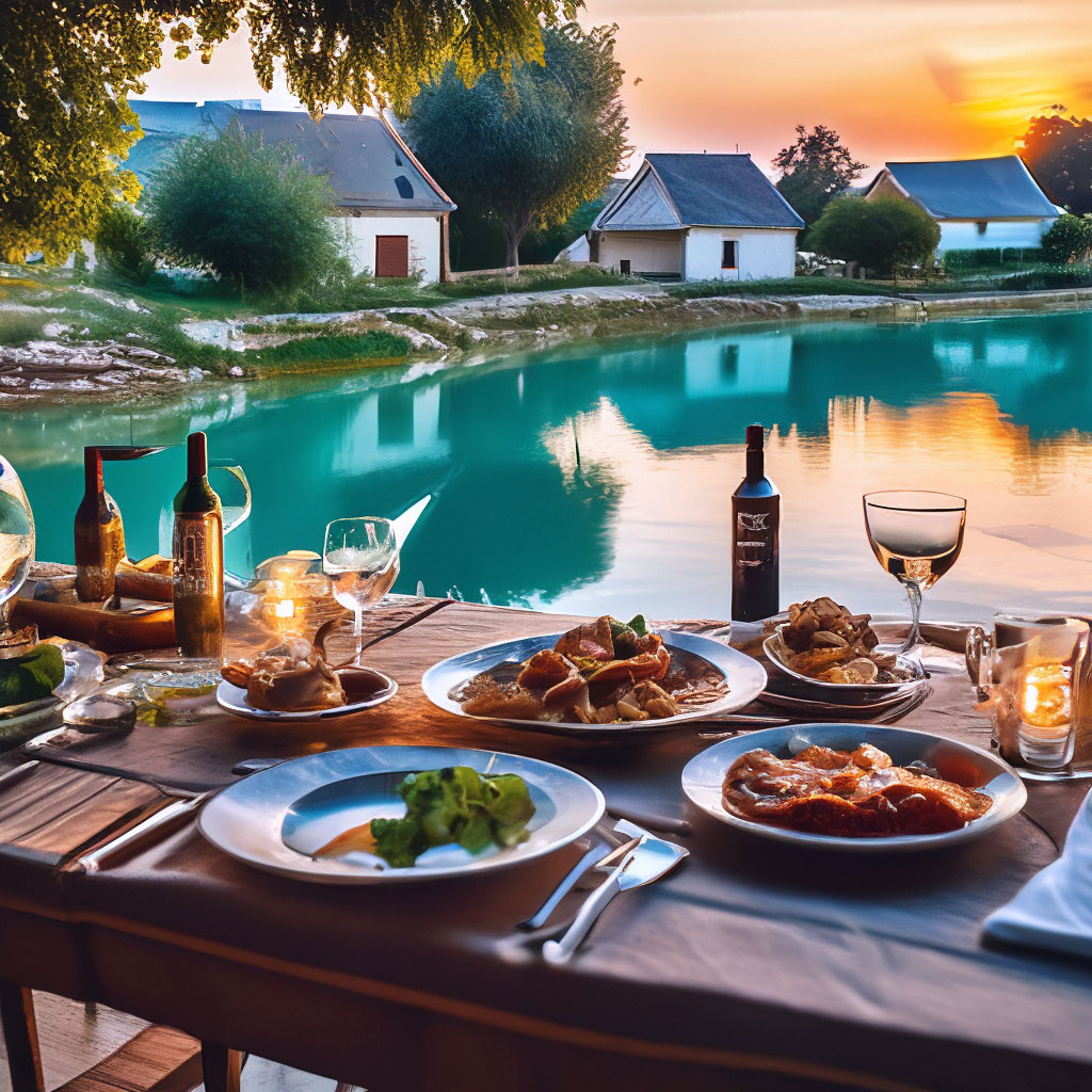"Delicious dinner on the table near the village house by the lake with ...