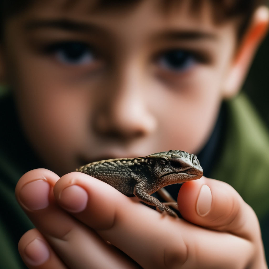 "The boy looks, close face,attention to a very small lizard in the palm ...