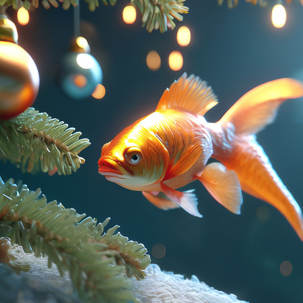 "A goldfish on a branch of a Christmas tree" — image created in Shedevrum