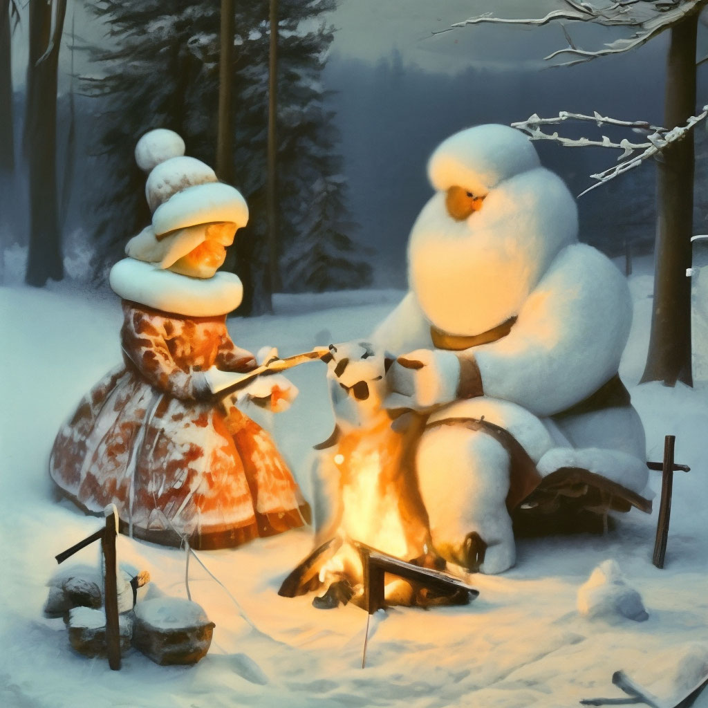 "The snowman and the snow maiden are warming themselves by the campfire ...