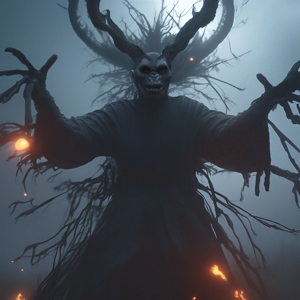 "Psychosis, arthouse, horror, scarecrow, horned demon, occultism, fear ...