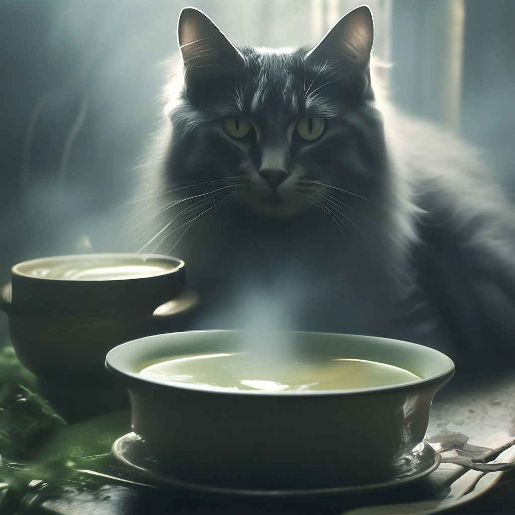 "Soup with a cat" — image created in Shedevrum