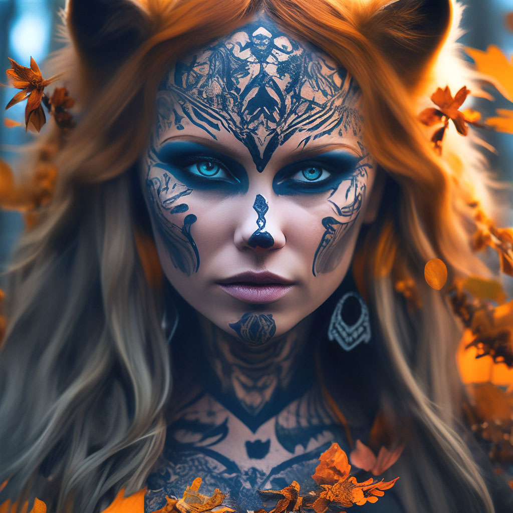 "Wolf woman, samhain keeper of the autumn-winter forest,splashes ...