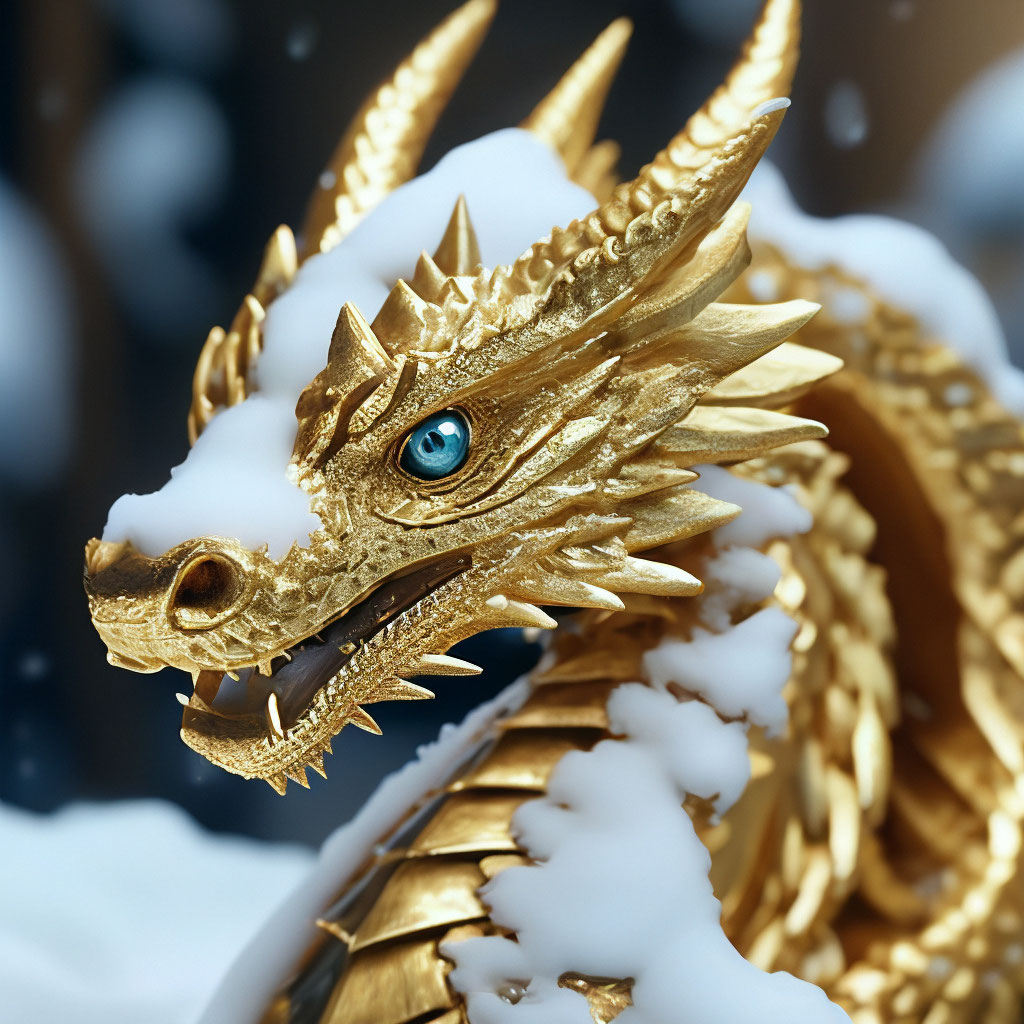 "Beautiful golden dragon figurine made of snow, photorealism, 4k ...