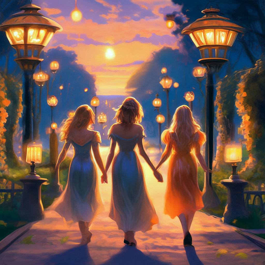 "A group of girls in bright evening dresses walking along the ...
