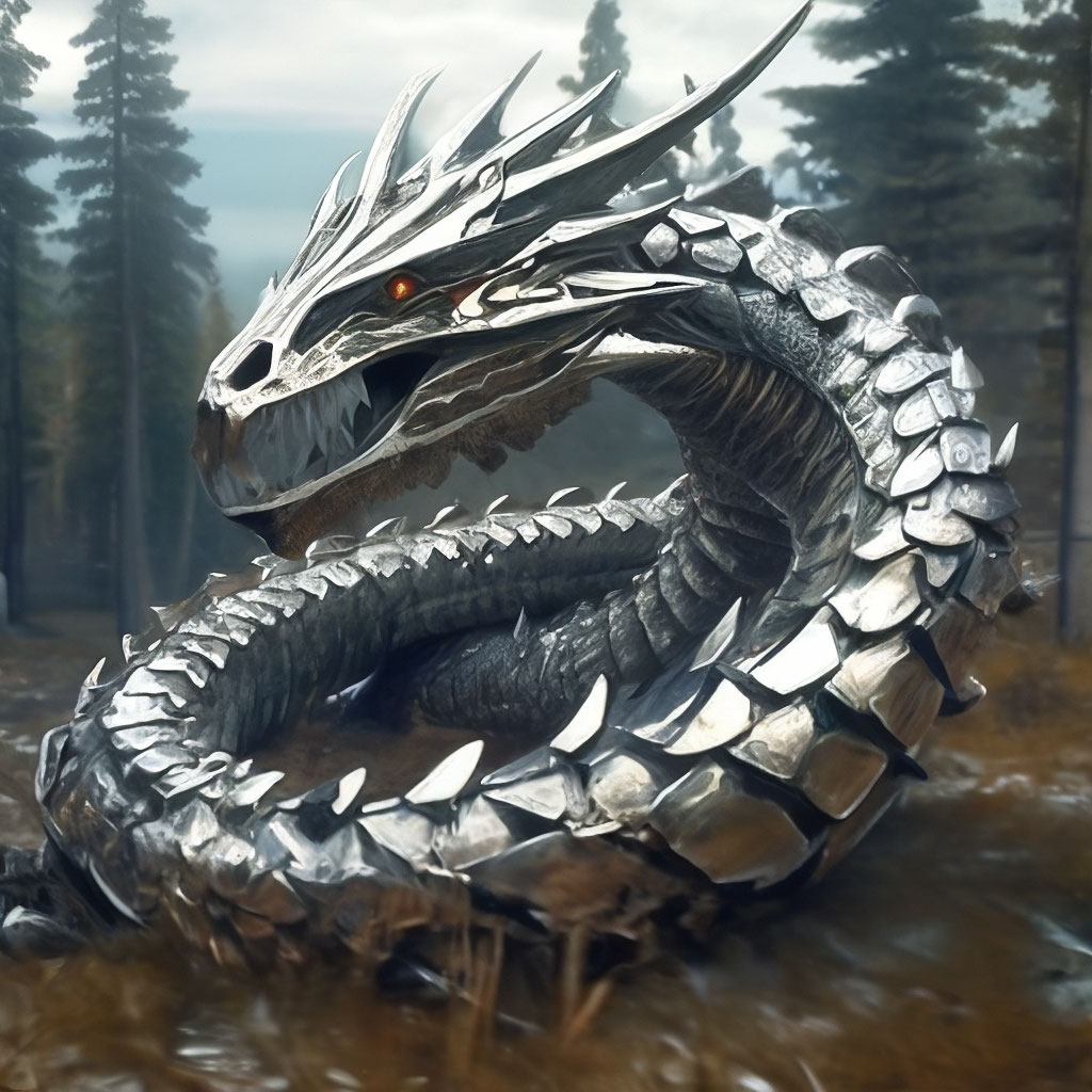 "Cybernetic dragon snake, metal scales, stalks prey in the wilderness ...