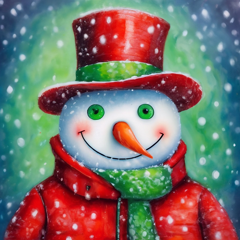 "Snowman in a jacket, red hat, with mittens, red nose, green eyes ...