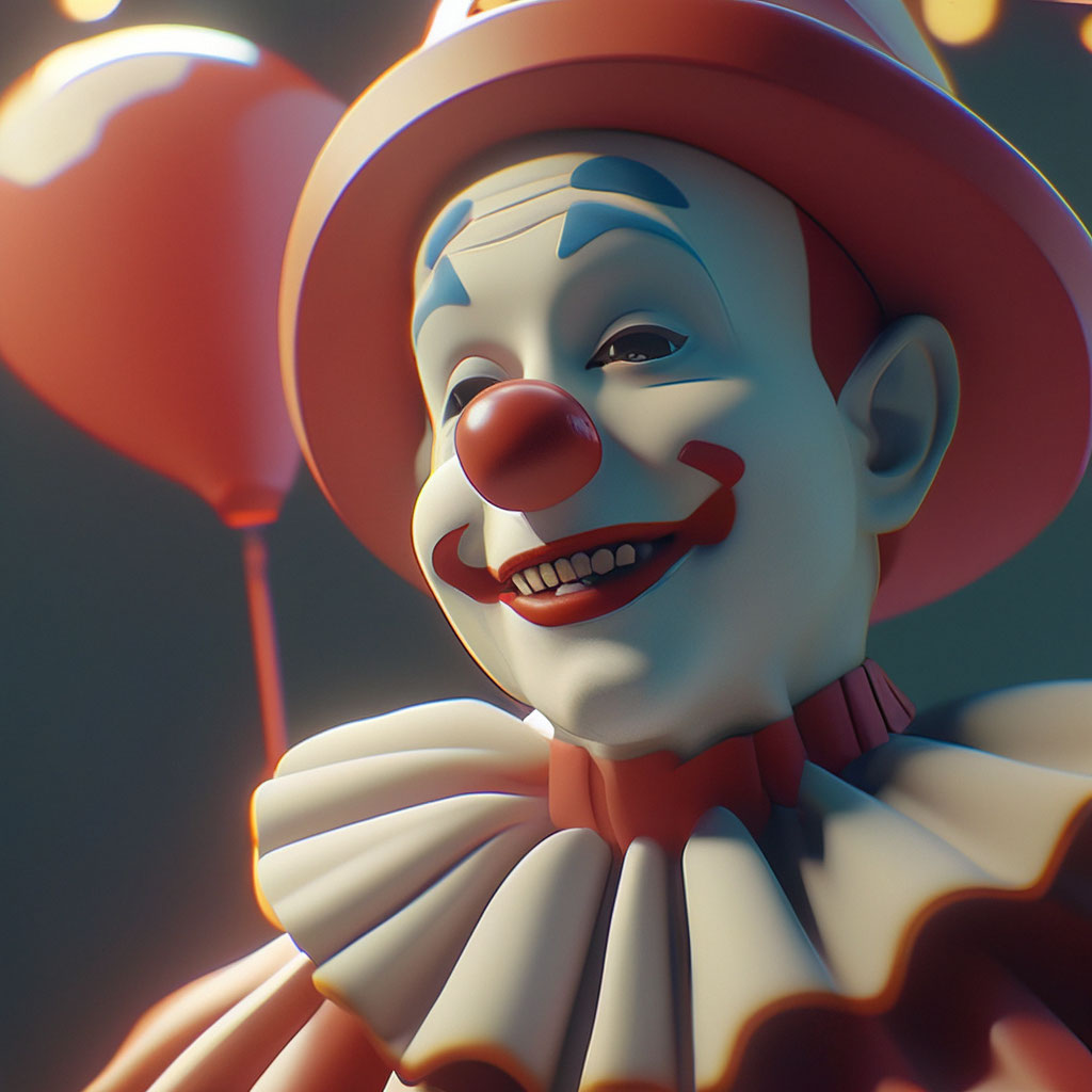 "Cinematic animation of a clown in Blender" — image created in Shedevrum