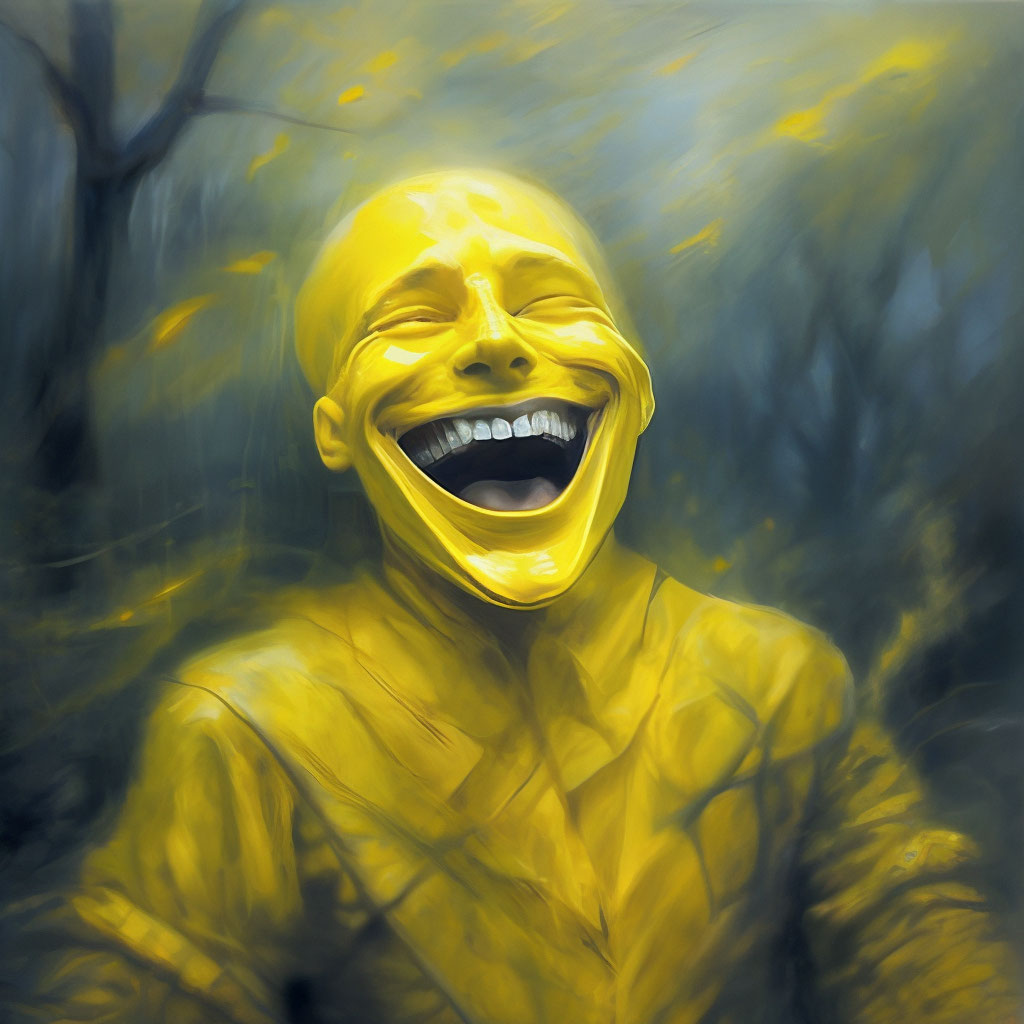 "The yellow man is smiling all over his mouth" — image created in Shedevrum
