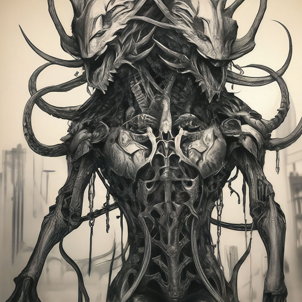 "A creature with two fused heads. Veins and veins wrap around the body ...