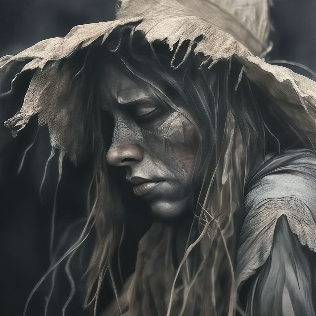 "The scarecrow in black rags is crying. loneliness. isolation charcoal ...