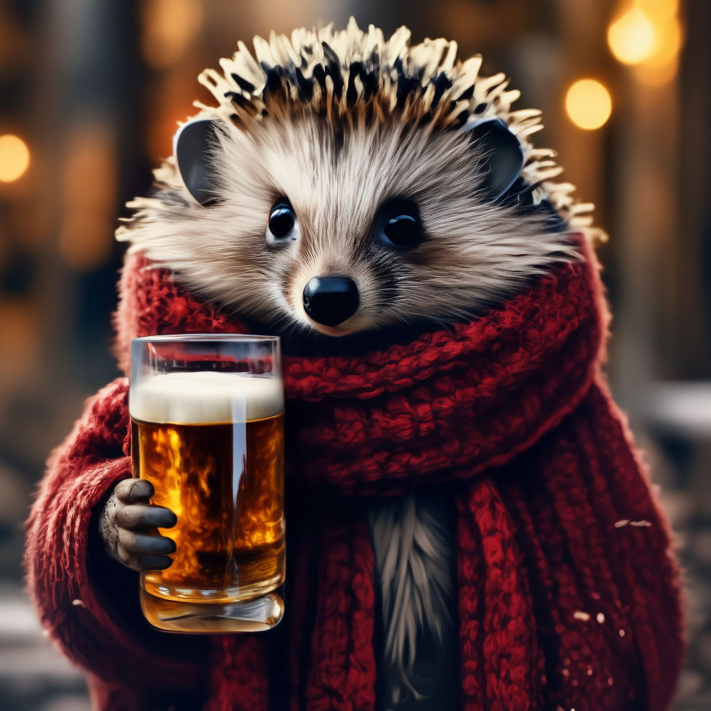"Hedgehog in a scarf drinking beer" — image created in Shedevrum