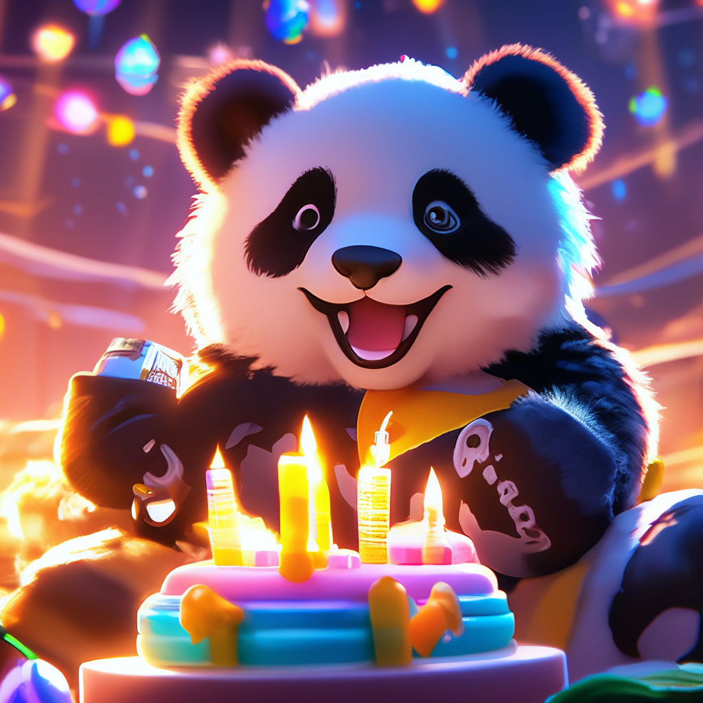 "Panda streamer, gamepad in paws, birthday, cake, professional photo ...