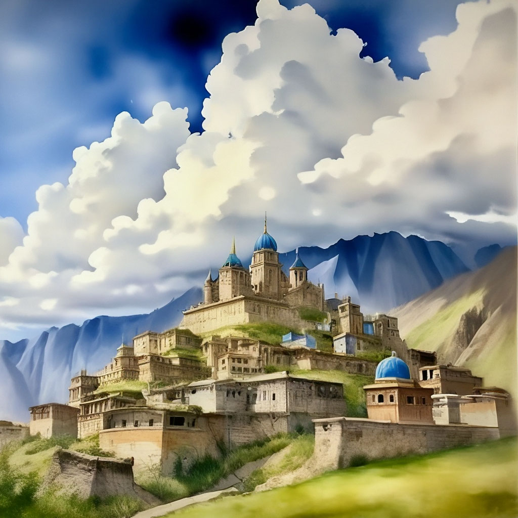"Dagestan, Gamsutl, watercolor drawing, wet watercolor, fluffy clouds ...