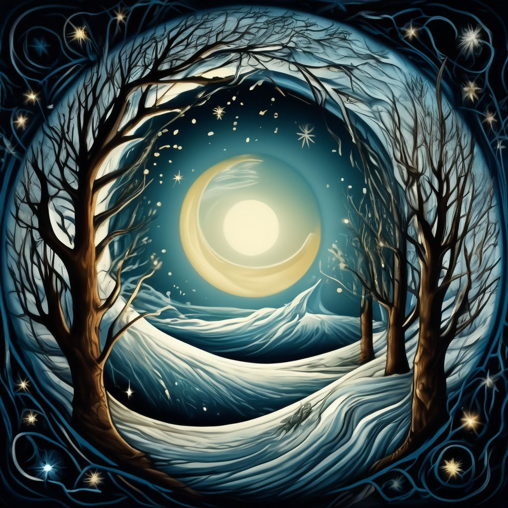 "Mandala of Winter smooth drawing with thin lines glow landscape, stars ...