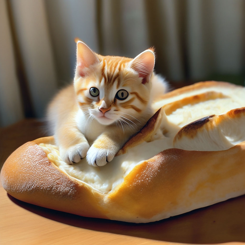 "The kitten is lying on the bread" — image created in Shedevrum